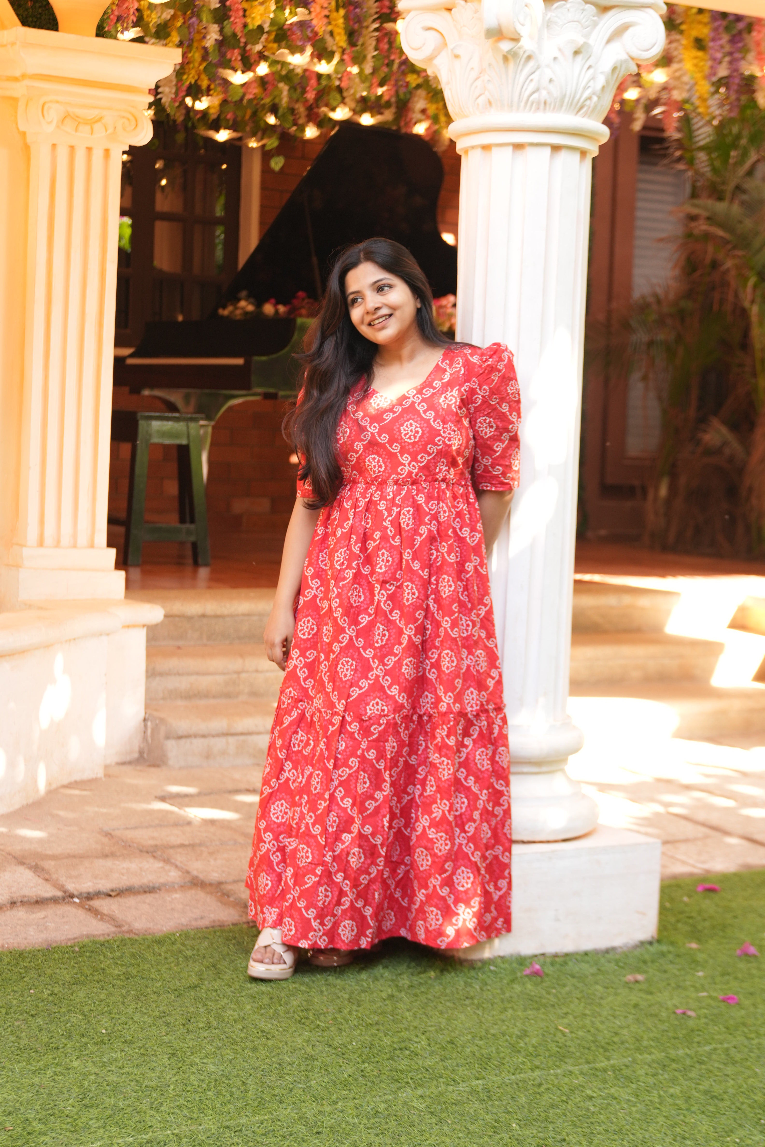 Irene Red Bandhani Print Cotton Maxi Dress – Mouri