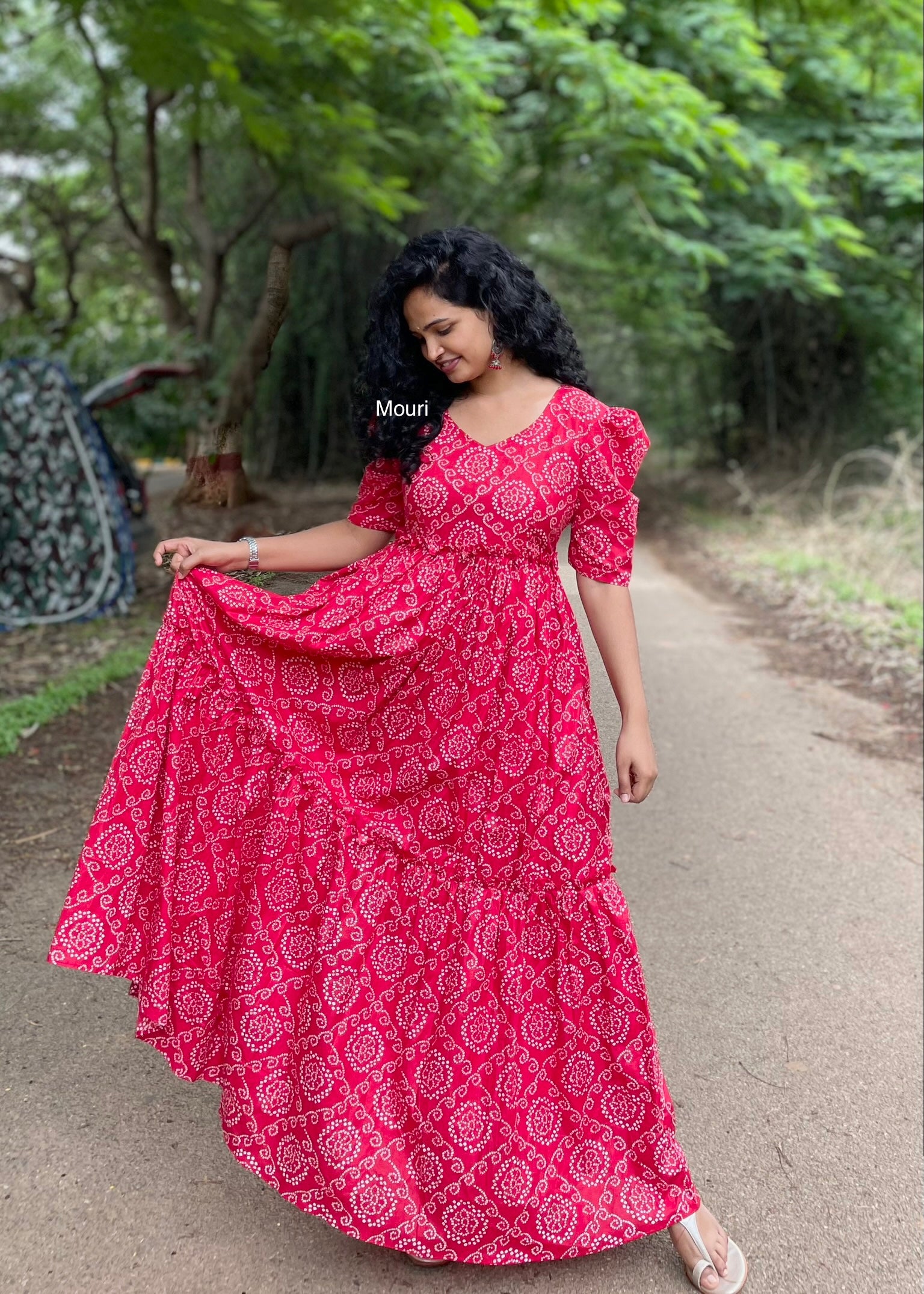 Irene Red Bandhani Print Cotton Maxi Dress – Mouri