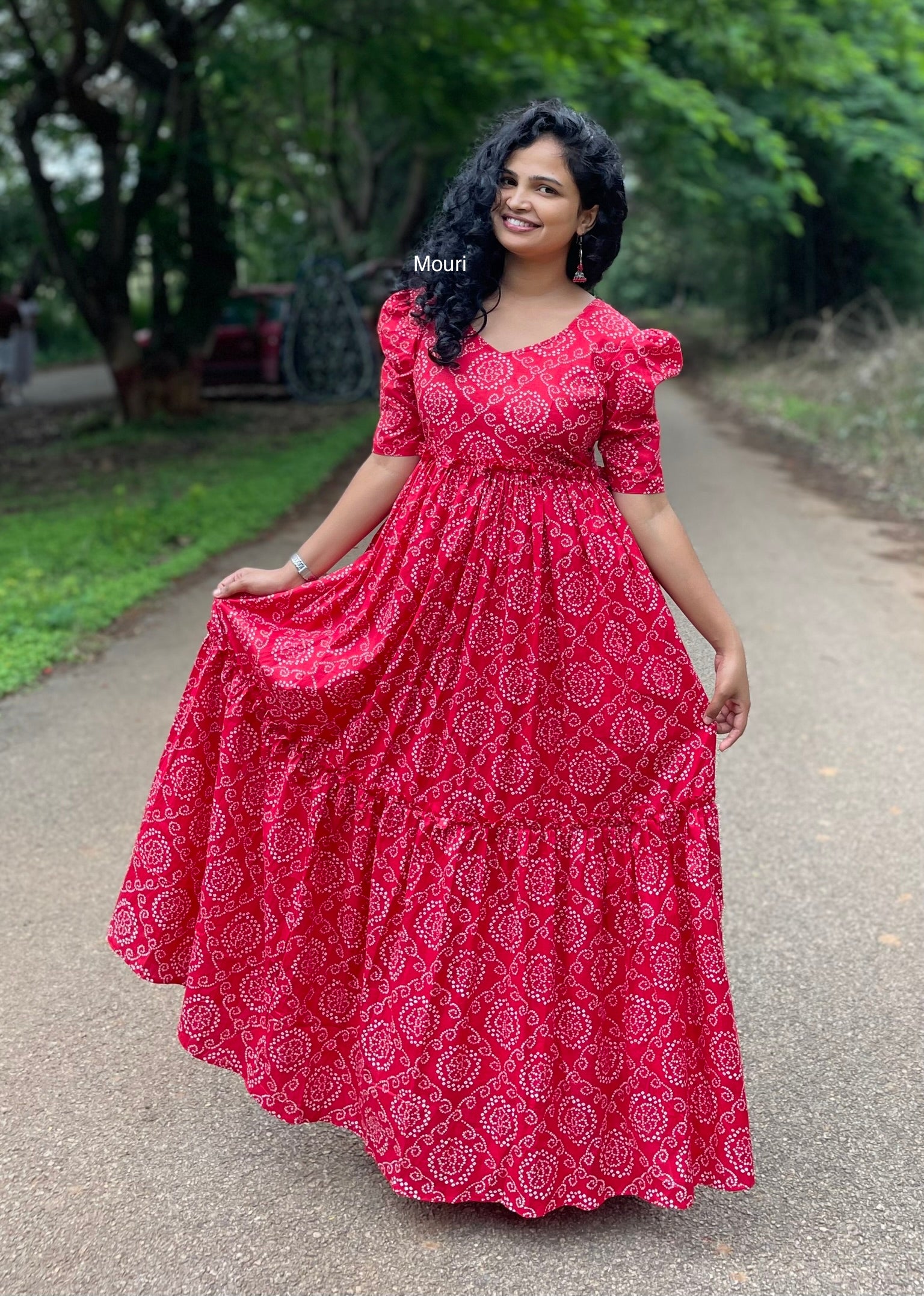 Irene Red Bandhani Print Cotton Maxi Dress – Mouri